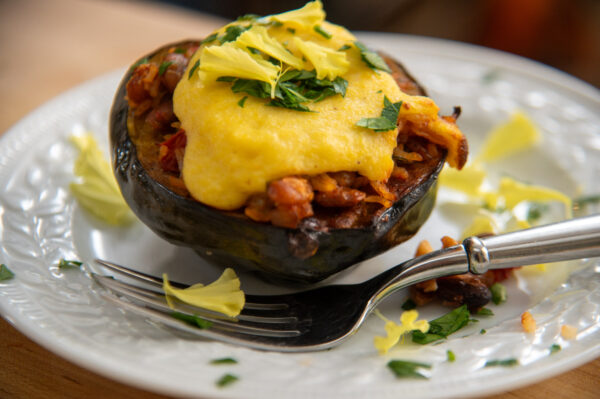 Pinto Bean Stuffed Acorn Squash with Cornmeal Mush Topping > KET